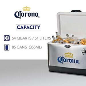 Corona Ice Chest Beverage Cooler with Bottle Opener, 51L (54 qt), 85 Can stainless steel Portable Cooler, Silver and Black, for Camping, Beach, RV, BBQs, Tailgating, Fishing