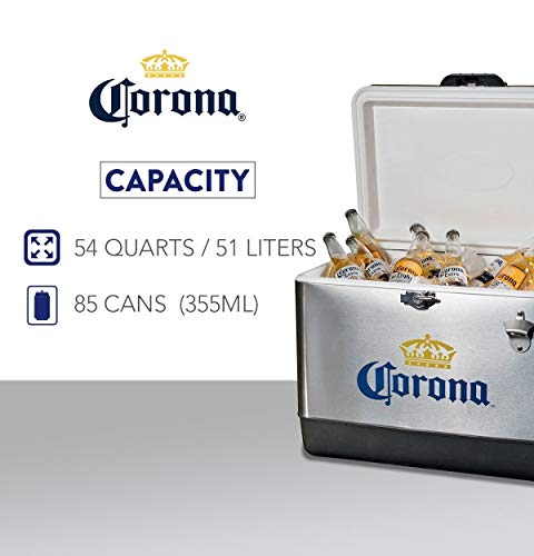 Corona Ice Chest Beverage Cooler with Bottle Opener, 51L (54 qt), 85 Can stainless steel Portable Cooler, Silver and Black, for Camping, Beach, RV, BBQs, Tailgating, Fishing