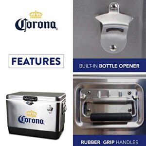 Corona Ice Chest Beverage Cooler with Bottle Opener, 51L (54 qt), 85 Can stainless steel Portable Cooler, Silver and Black, for Camping, Beach, RV, BBQs, Tailgating, Fishing