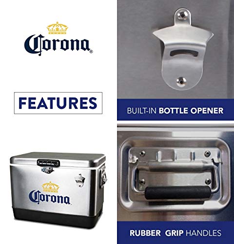 Corona Ice Chest Beverage Cooler with Bottle Opener, 51L (54 qt), 85 Can stainless steel Portable Cooler, Silver and Black, for Camping, Beach, RV, BBQs, Tailgating, Fishing