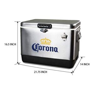 Corona Ice Chest Beverage Cooler with Bottle Opener, 51L (54 qt), 85 Can stainless steel Portable Cooler, Silver and Black, for Camping, Beach, RV, BBQs, Tailgating, Fishing