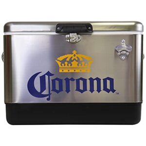 Corona Ice Chest Beverage Cooler with Bottle Opener, 51L (54 qt), 85 Can stainless steel Portable Cooler, Silver and Black, for Camping, Beach, RV, BBQs, Tailgating, Fishing