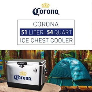 Corona Ice Chest Beverage Cooler with Bottle Opener, 51L (54 qt), 85 Can stainless steel Portable Cooler, Silver and Black, for Camping, Beach, RV, BBQs, Tailgating, Fishing