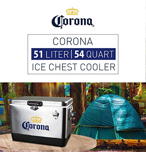 Corona Ice Chest Beverage Cooler with Bottle Opener, 51L (54 qt), 85 Can stainless steel Portable Cooler, Silver and Black, for Camping, Beach, RV, BBQs, Tailgating, Fishing