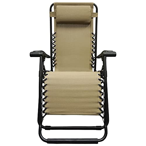 Caravan Sports Zero Gravity Outdoor Portable Folding Camping Lawn Deck Patio Pool Recliner Lounge Chair for Adults, Adjustable Headrest, Beige