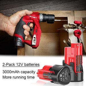 KUNLUN 2 Pack 3.0Ah 12V Battery Replace for Milwaukee M12 Battery Lithium Compatible for Milwaukee 12-Volt Battery 48-11-2411 48-11-2420 48-11-2401 48-11-2402 Cordless Tools