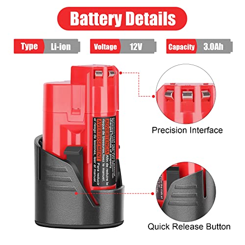 KUNLUN 2 Pack 3.0Ah 12V Battery Replace for Milwaukee M12 Battery Lithium Compatible for Milwaukee 12-Volt Battery 48-11-2411 48-11-2420 48-11-2401 48-11-2402 Cordless Tools