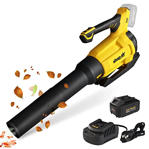 SHOP·AIR 20V Cordless Leaf Blower, 450CFM/110MPH Brushless Blower with Variable Speed, Lightweight for Lawn Care Snow Blowing Yard Cleaning, 4.0Ah Battery (Quick Charger Included)