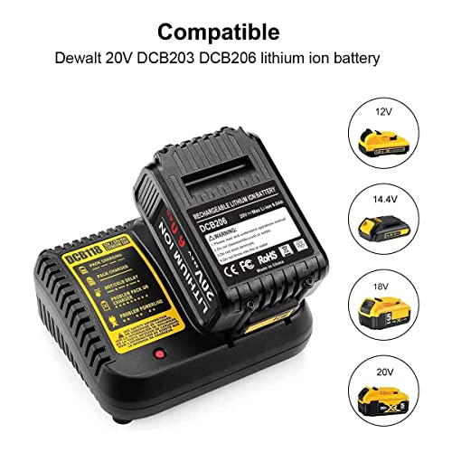 Energup 2Pack 6.0Ah Replacement Dewalt 20V MAX XR Battery + DCB118 Charger DCB107 DCB105 DCB101 DCB115 for Dewalt 20V Battery DCB204 DCB206 DCB180 DCD985B DCB200 DCD/DCF/DCG Dewalt 20V Battery