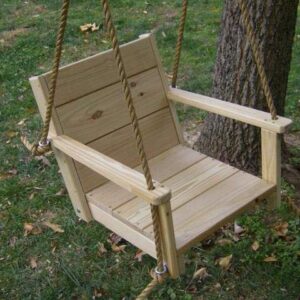 wood tree swings – wooden hanging chair swing – hang outdoors in a tree on a porch or patio garden – indoors in a basement or children’s playroom – includes rope and clamps