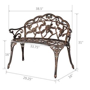 WEI WEI GLOBAL 38.5 Inch Aluminum Outdoor Bench, Garden Couple Seat for Patio, Yard, Park, Lawn, Armrest and Backrest w/Floral Rose, Bronze