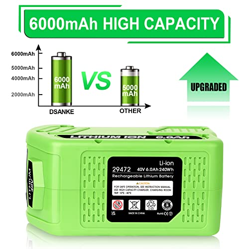 DSANKE 40V 6000mAh 29472 Lithium Battery Replacement for GreenWorks 40V Battery 29472 29462 Battery GreenWorks 40V G-MAX Power Tools 29252 20202 22262 25312 25322 20642 22272 27062 21242