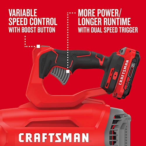 CRAFTSMAN V20 Cordless Leaf Blower, Variable Speed, Up To 100 MPH, with 2 Batteries and Charger (CMCBL720D2)