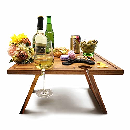 SASIDO Portable Wine Picnic Table Foldable, Gift for Wine Lover, Acacia Wood, Bed Tray for Eating, Decor for Romantic Dinners, Beach, Camping, Concerts at Park