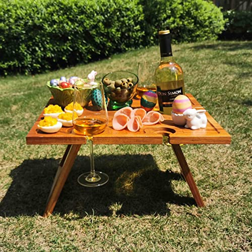 SASIDO Portable Wine Picnic Table Foldable, Gift for Wine Lover, Acacia Wood, Bed Tray for Eating, Decor for Romantic Dinners, Beach, Camping, Concerts at Park