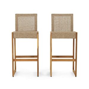 elon outdoor barstools – wicker and acacia wood – light multi-brown/teak (set of 2)