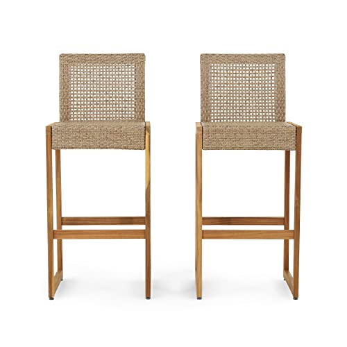 Elon Outdoor Barstools - Wicker and Acacia Wood - Light Multi-Brown/Teak (Set of 2)