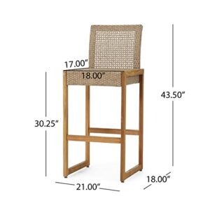 Elon Outdoor Barstools - Wicker and Acacia Wood - Light Multi-Brown/Teak (Set of 2)