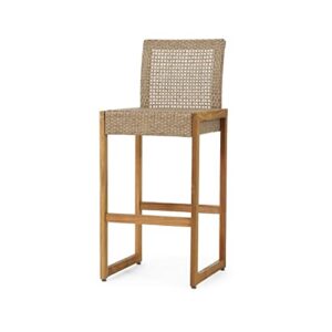 Elon Outdoor Barstools - Wicker and Acacia Wood - Light Multi-Brown/Teak (Set of 2)