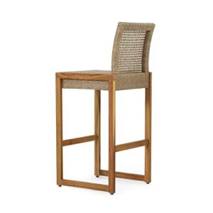 Elon Outdoor Barstools - Wicker and Acacia Wood - Light Multi-Brown/Teak (Set of 2)