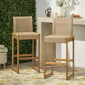 Elon Outdoor Barstools - Wicker and Acacia Wood - Light Multi-Brown/Teak (Set of 2)