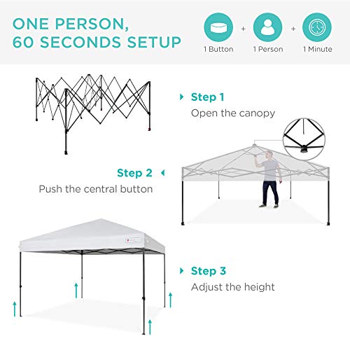 Best Choice Products 10x10ft 1-Person Setup Pop Up Canopy Tent Instant Portable Shelter w/ 1-Button Push, Straight Legs, Wheeled Carry Case, Stakes - White