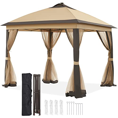 Yaheetech 11'x11' Pop Up Gazebo Instant Tent with Solar LED Lights & Zippered Mesh Netting, Outdoor Shelter Sun Shade Gazebo for Backyard Garden Patio, Khaki & Brown