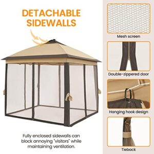 Yaheetech 11'x11' Pop Up Gazebo Instant Tent with Solar LED Lights & Zippered Mesh Netting, Outdoor Shelter Sun Shade Gazebo for Backyard Garden Patio, Khaki & Brown