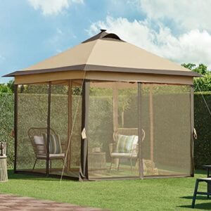 Yaheetech 11'x11' Pop Up Gazebo Instant Tent with Solar LED Lights & Zippered Mesh Netting, Outdoor Shelter Sun Shade Gazebo for Backyard Garden Patio, Khaki & Brown