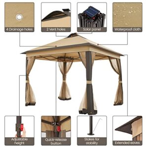 Yaheetech 11'x11' Pop Up Gazebo Instant Tent with Solar LED Lights & Zippered Mesh Netting, Outdoor Shelter Sun Shade Gazebo for Backyard Garden Patio, Khaki & Brown