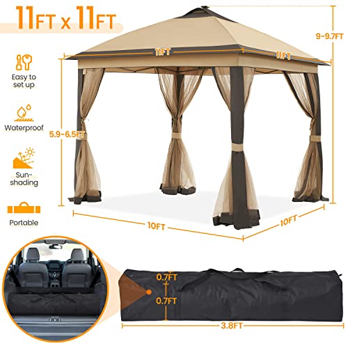 Yaheetech 11'x11' Pop Up Gazebo Instant Tent with Solar LED Lights & Zippered Mesh Netting, Outdoor Shelter Sun Shade Gazebo for Backyard Garden Patio, Khaki & Brown