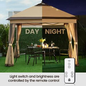 Yaheetech 11'x11' Pop Up Gazebo Instant Tent with Solar LED Lights & Zippered Mesh Netting, Outdoor Shelter Sun Shade Gazebo for Backyard Garden Patio, Khaki & Brown