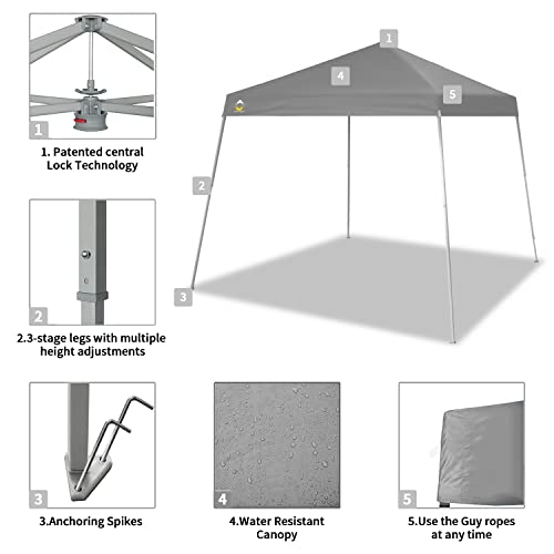 CROWN SHADES Patented 10ft x 10ft Base and 8ft x 8ft Top Slant Leg Outdoor Pop up Portable Shade Instant Folding Canopy with Carry Bag,Grey