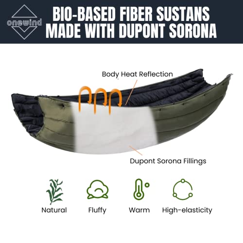 Onewind Premium Hammock Underquilt, Full Length Underquilt with Insulation for Hammock Camping, Hiking, Backpacking and Travel. Lightweight and Portable, 50F, OD Green