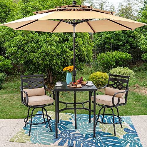 PHI VILLA Outdoor Bar Table and Chairs Set for 2, Metal Tall Outdoor Bar Set with Bar Height Table, Strong and Heavy Duty Patio Bar Set with Cushion and Pillow, 32"x32"x38" Bar Height Table