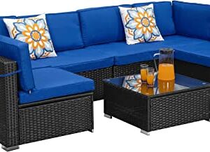 SUNVIVI OUTDOOR 7 Piece Patio Furniture Set, All-Weather Black Wicker Couch Sofa with Glass Coffee Table, Washable Navy Blue Cushions