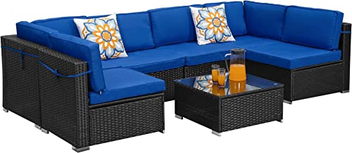 SUNVIVI OUTDOOR 7 Piece Patio Furniture Set, All-Weather Black Wicker Couch Sofa with Glass Coffee Table, Washable Navy Blue Cushions