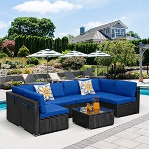 SUNVIVI OUTDOOR 7 Piece Patio Furniture Set, All-Weather Black Wicker Couch Sofa with Glass Coffee Table, Washable Navy Blue Cushions