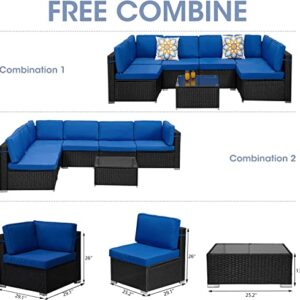 SUNVIVI OUTDOOR 7 Piece Patio Furniture Set, All-Weather Black Wicker Couch Sofa with Glass Coffee Table, Washable Navy Blue Cushions