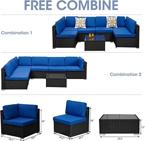 SUNVIVI OUTDOOR 7 Piece Patio Furniture Set, All-Weather Black Wicker Couch Sofa with Glass Coffee Table, Washable Navy Blue Cushions