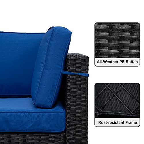 SUNVIVI OUTDOOR 7 Piece Patio Furniture Set, All-Weather Black Wicker Couch Sofa with Glass Coffee Table, Washable Navy Blue Cushions