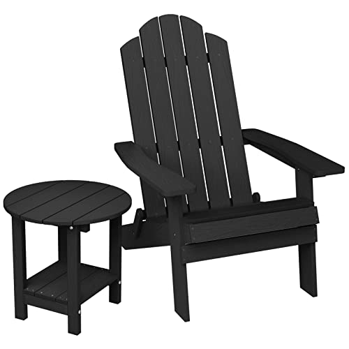 MXIMU Folding Plastic Adirondack Chair and Table Set, Fire Pit Seating, Foldable Outdoor Lounger Armchair, Lawn Chairs Furniture for Beach Poolside Balcony Patio Black