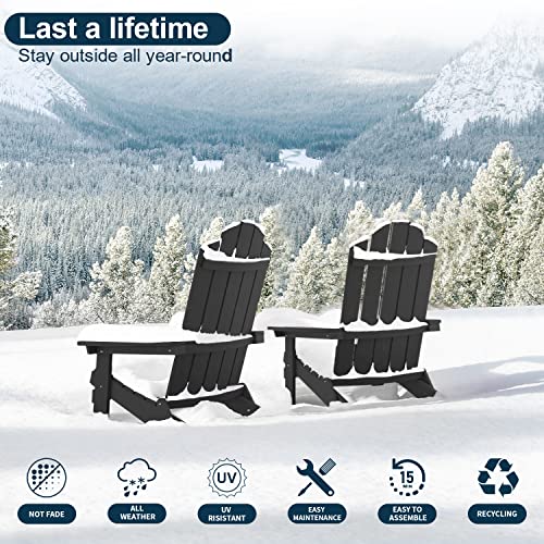 MXIMU Folding Plastic Adirondack Chair and Table Set, Fire Pit Seating, Foldable Outdoor Lounger Armchair, Lawn Chairs Furniture for Beach Poolside Balcony Patio Black