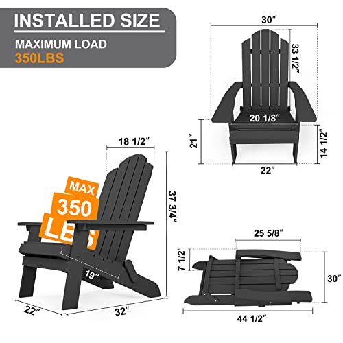 MXIMU Folding Plastic Adirondack Chair and Table Set, Fire Pit Seating, Foldable Outdoor Lounger Armchair, Lawn Chairs Furniture for Beach Poolside Balcony Patio Black