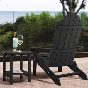 MXIMU Folding Plastic Adirondack Chair and Table Set, Fire Pit Seating, Foldable Outdoor Lounger Armchair, Lawn Chairs Furniture for Beach Poolside Balcony Patio Black