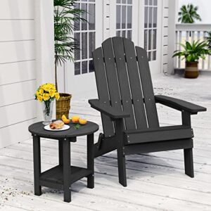 MXIMU Folding Plastic Adirondack Chair and Table Set, Fire Pit Seating, Foldable Outdoor Lounger Armchair, Lawn Chairs Furniture for Beach Poolside Balcony Patio Black