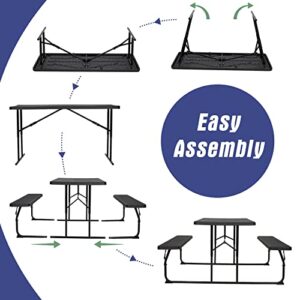 Haddockway Folding Picnic Table with Bench for Outdoors Wood-Like Plastic Table Top and Metal Frame Portable Camping Picnic Table Kit for Backyard Poolside Garden Patio Lawn Dining Party