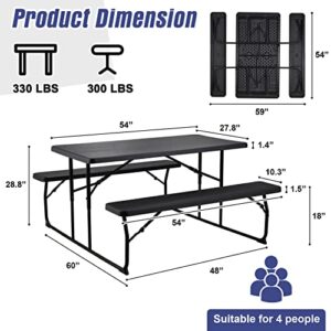 Haddockway Folding Picnic Table with Bench for Outdoors Wood-Like Plastic Table Top and Metal Frame Portable Camping Picnic Table Kit for Backyard Poolside Garden Patio Lawn Dining Party