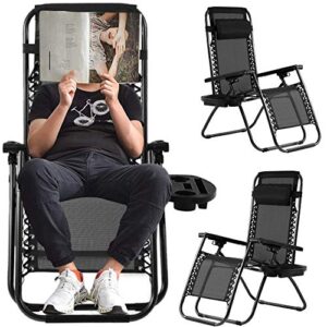 zero gravity recliner chair, adjustable anti gravity locking chaise recliner support 250lbs, heavy duty folding zero gravity chair w/ mesh back, wider armrest, headrest & cup holder -set of 2 (black)