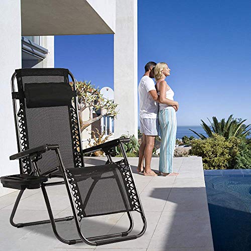 Zero Gravity Recliner Chair, Adjustable Anti Gravity Locking Chaise Recliner Support 250lbs, Heavy Duty Folding Zero Gravity Chair w/ Mesh Back, Wider Armrest, Headrest & Cup Holder -Set of 2 (Black)